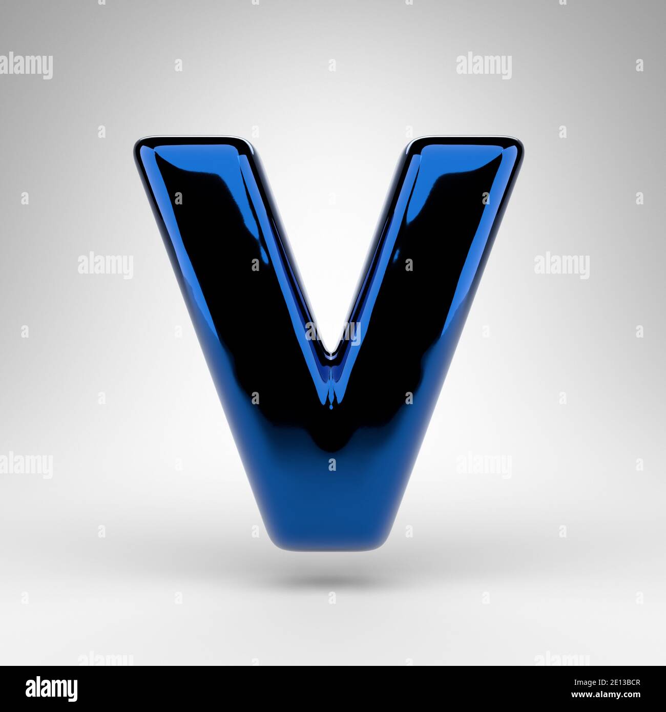 Letter V uppercase on white background. Blue chrome 3D rendered font ...