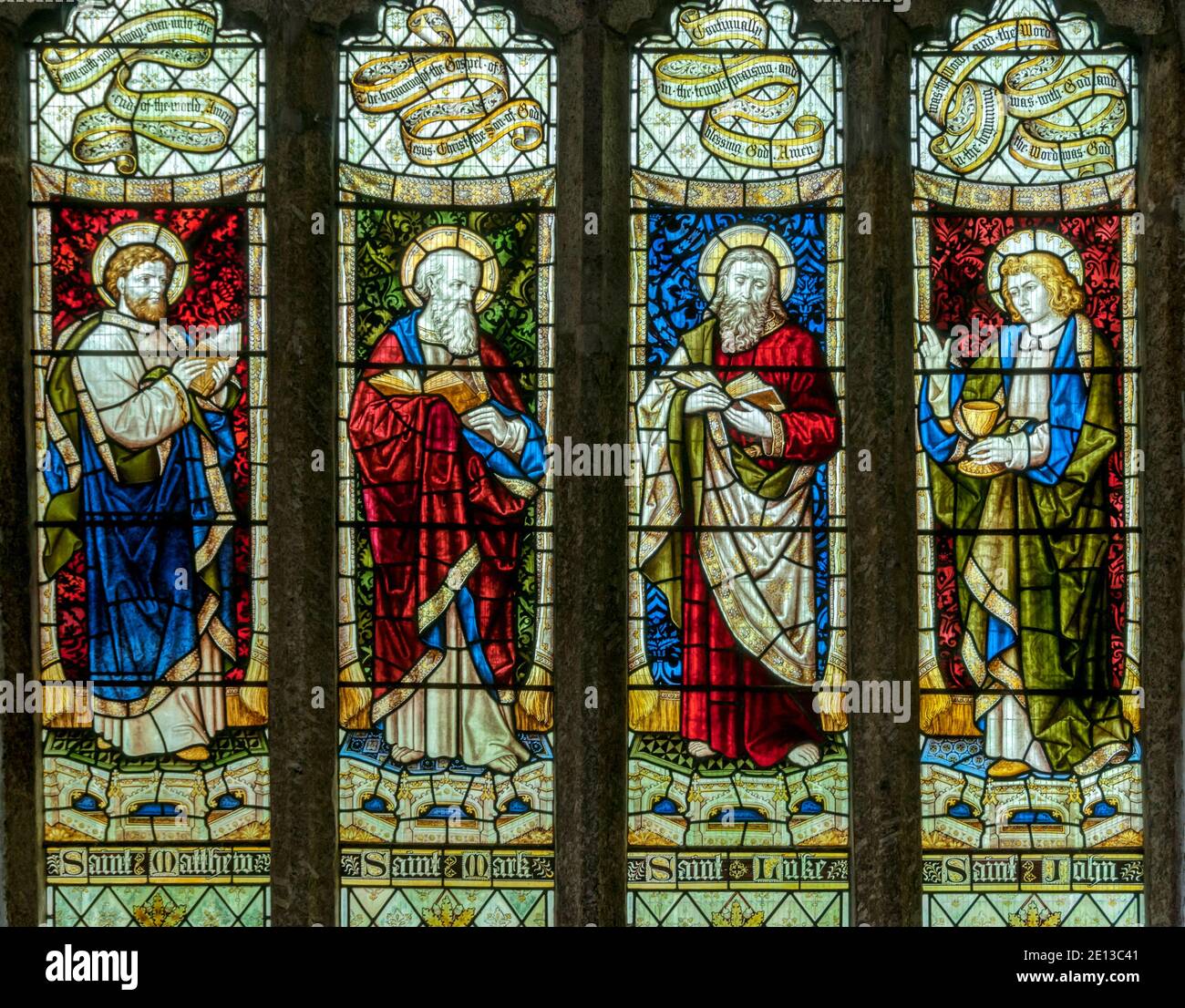 Stained glass windows in St Sampson's church, Golant in Cornwall. Shows ...