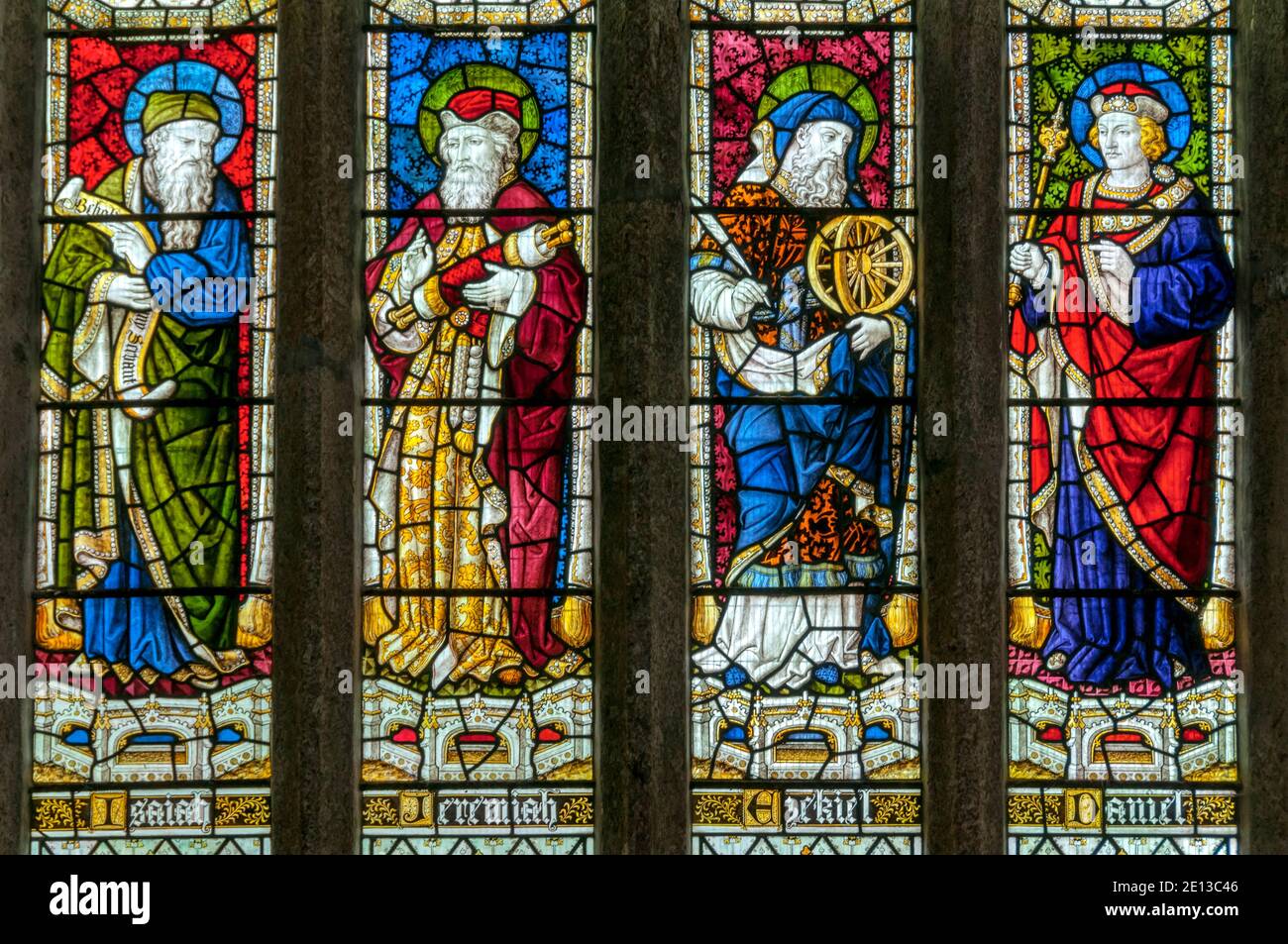Stained glass windows in St Sampson's church, Golant in Cornwall. Shows ...