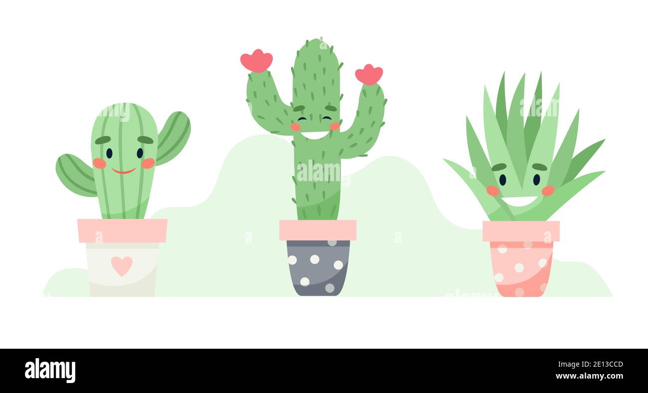 Set of cute cactus and succulents characters, vector illustration in ...