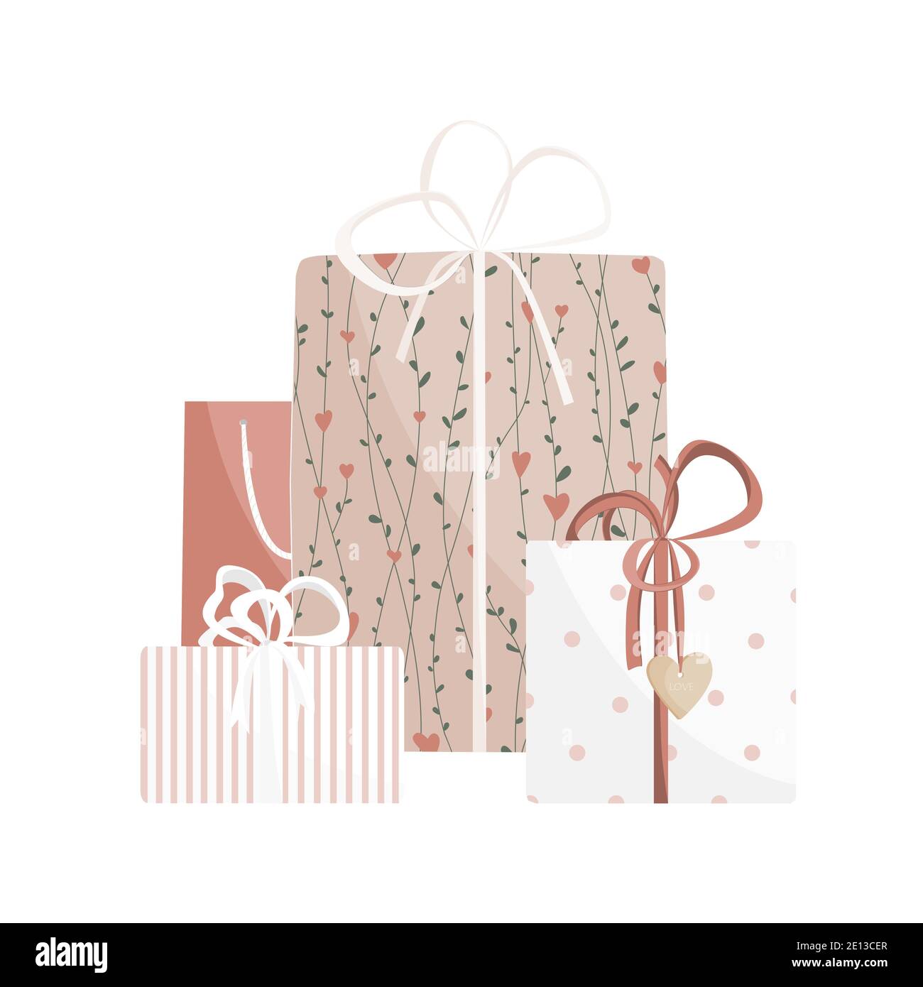 Valentine day gift boxes set. Wrapped packages decorated with ribbon ...