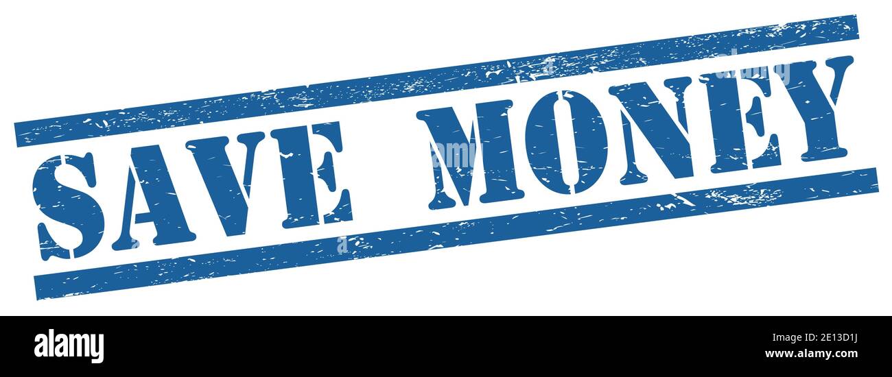 SAVE MONEY text on blue grungy rectangle vintage stamp Stock Photo - Alamy