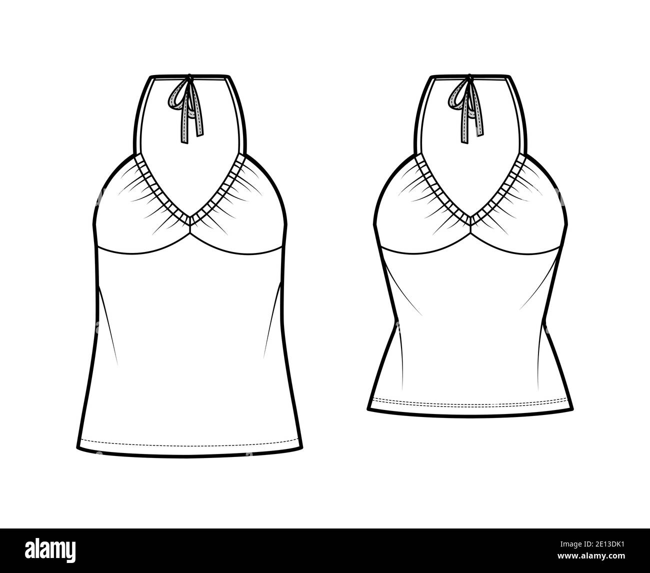 Set of Tops V-neck halter tank technical fashion illustration with ...