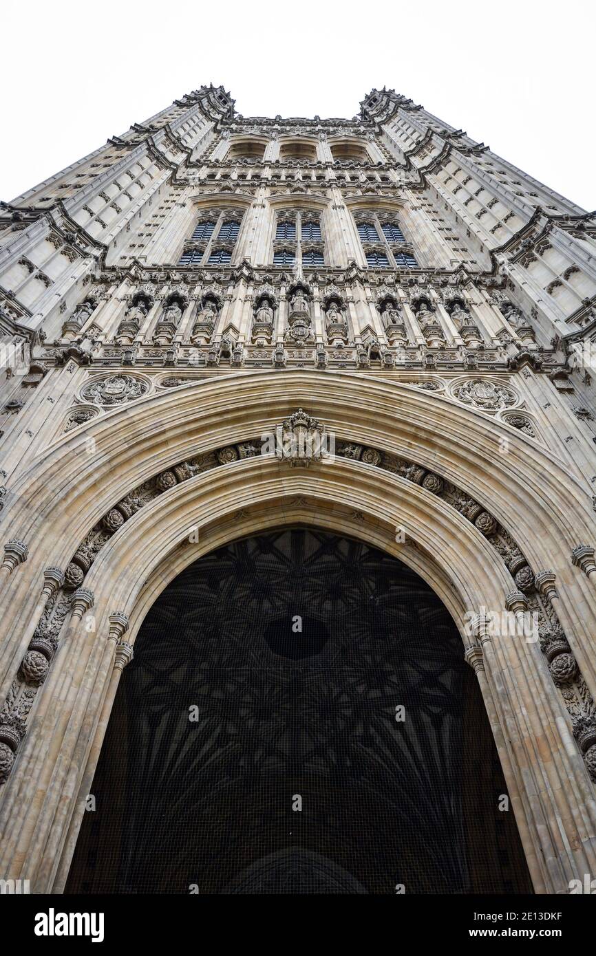 Detail of the stonework of the Victoria Tower above the Sovereigns ...