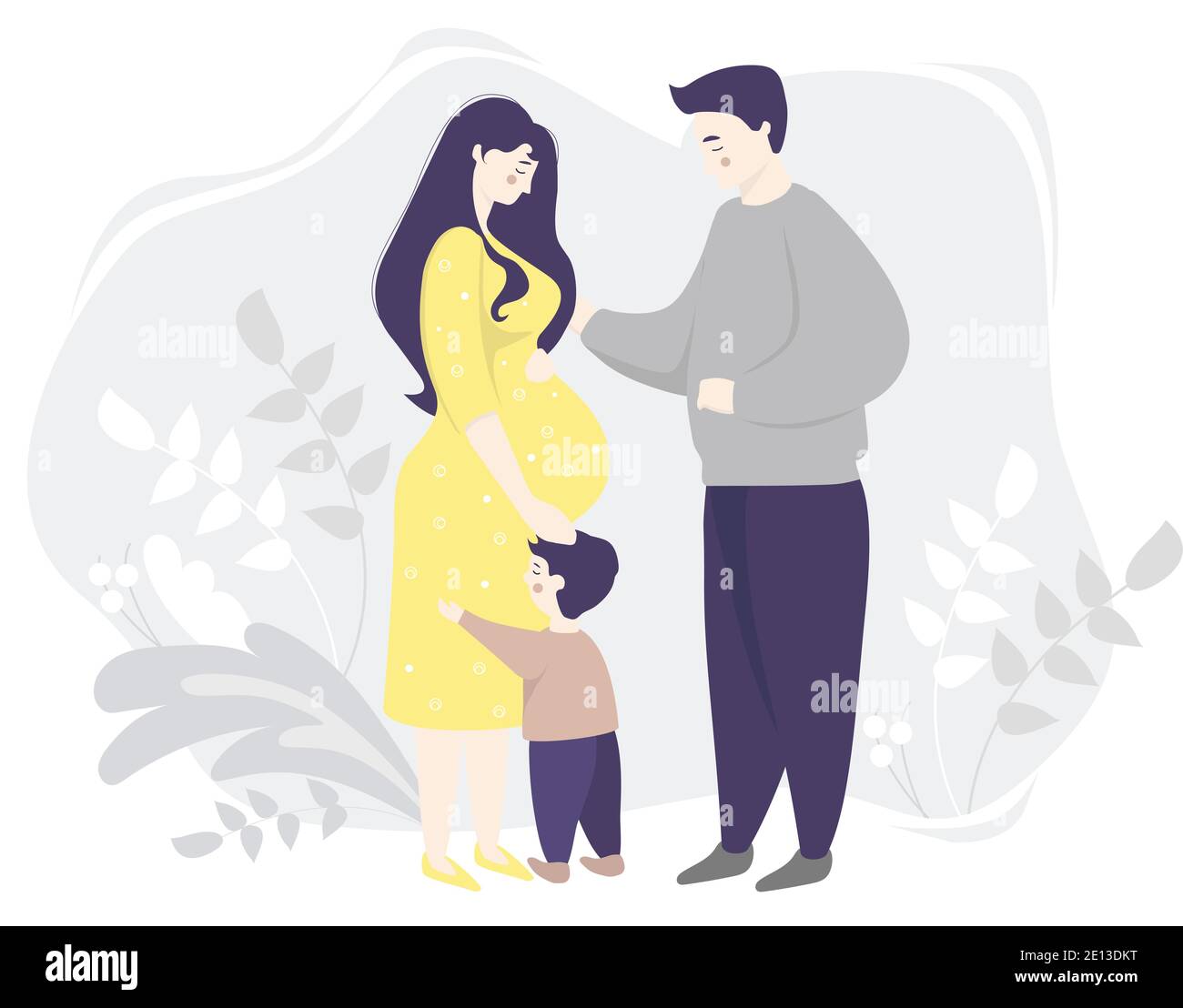 Motherhood. Happy pregnant woman in full growth in a yellow dress ...
