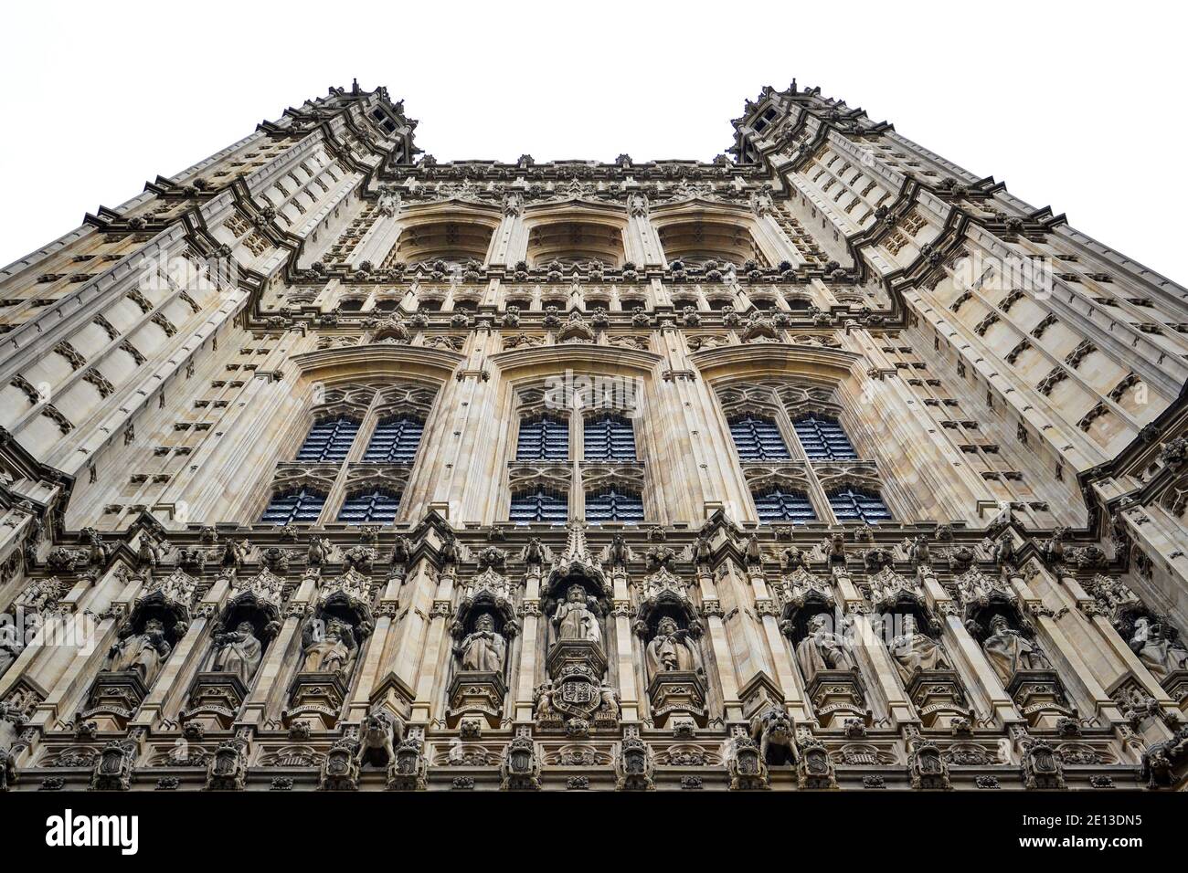 Detail of the stonework of the Victoria Tower above the Sovereigns ...
