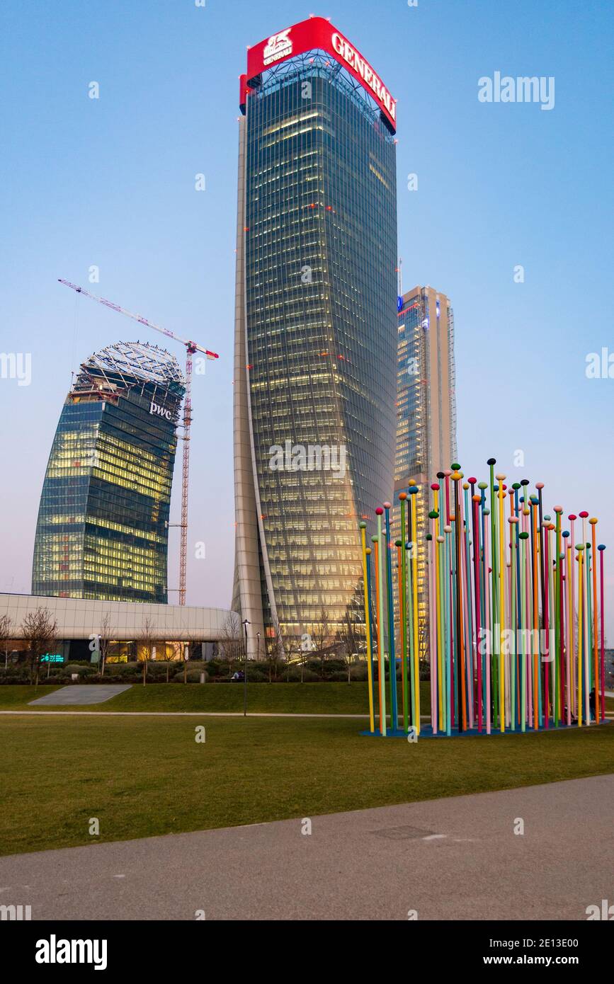 The three towers of City Life district in Milan, Italy. They are ...