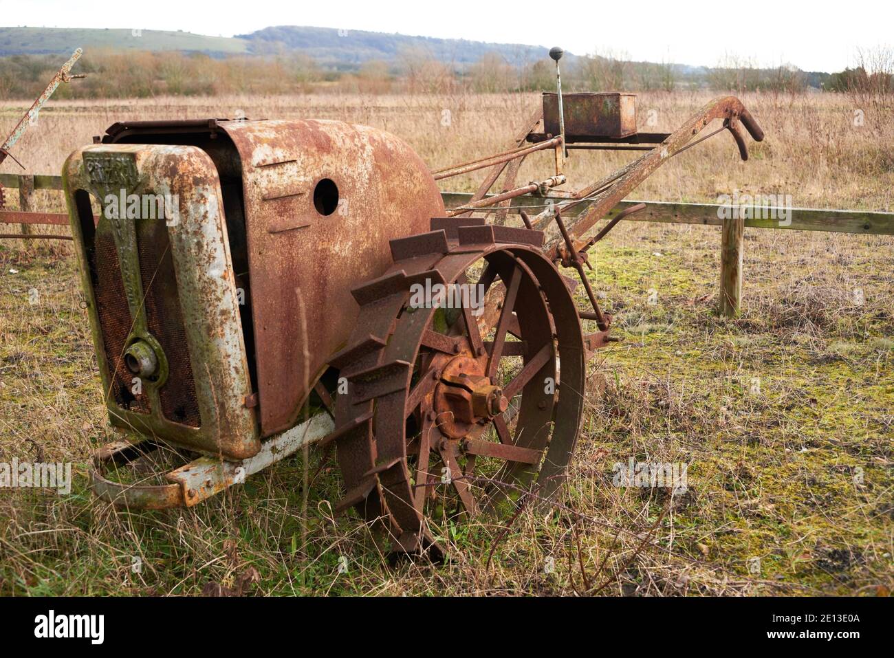 Old farming machinery in field British Anzani Iron Horse Tractor 1940s ...