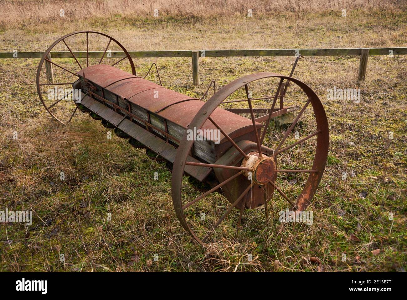 Old farming machinery in field, 1950s Massey-Harris fertiliser spreader ...