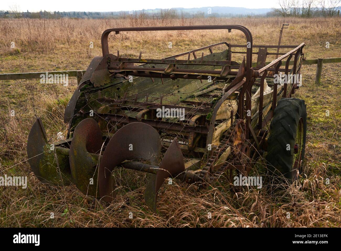 Old farming machinery in field, 1950s Muck spreader Stock Photo - Alamy