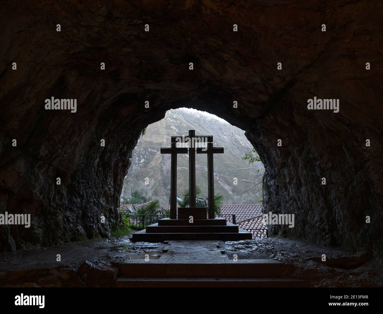 Three crosses religious christian symbol standing in catholic cave ...