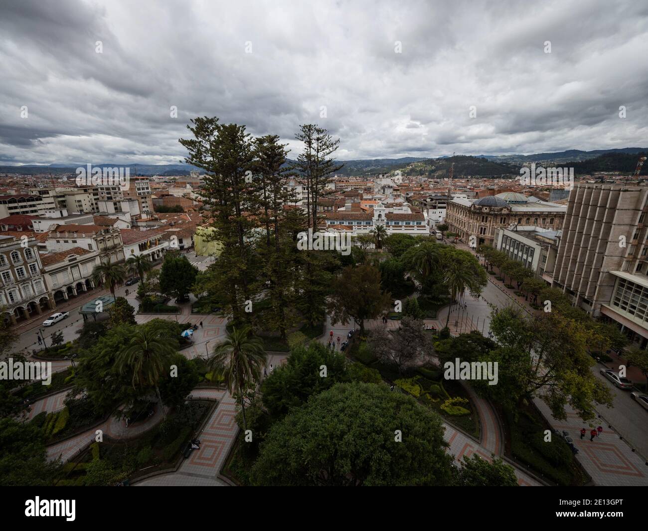 Panoramic view of central main square Parque Calderon park from rooftop ...