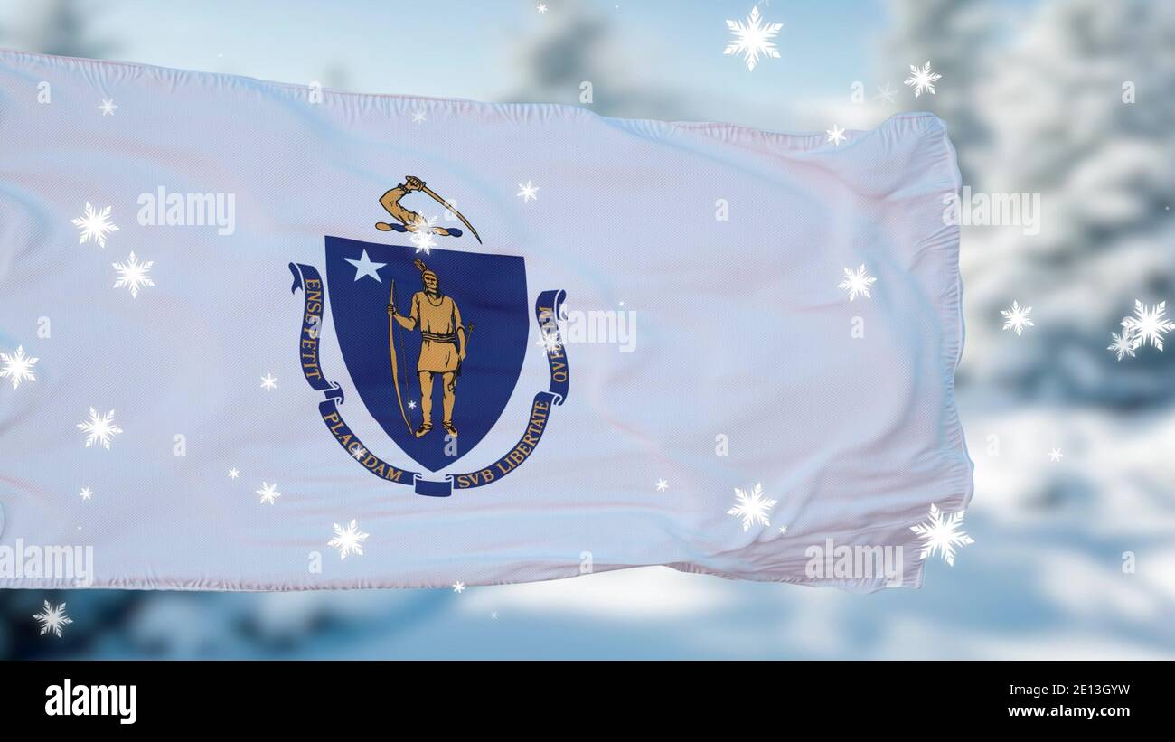 Massachusetts winter snowflakes flag background. United States of ...