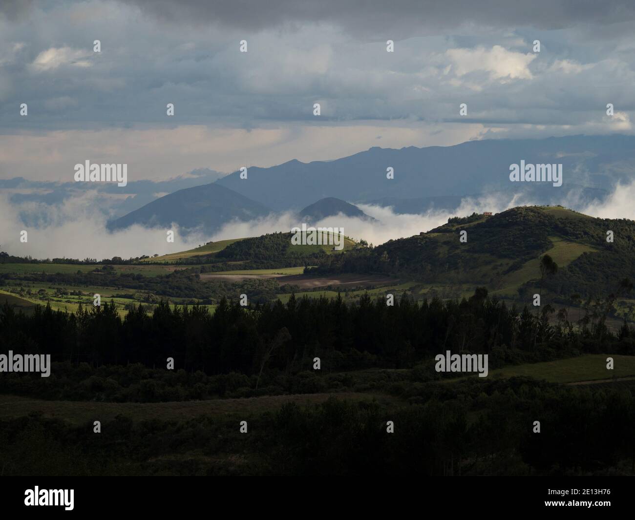 Panorama of Andean mountain hill countryside landscape at Cuicocha ...