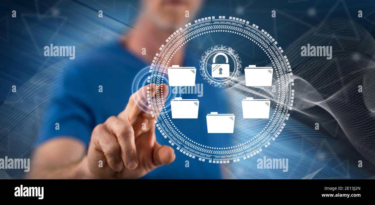Man touching a data protection concept on a touch screen with his ...