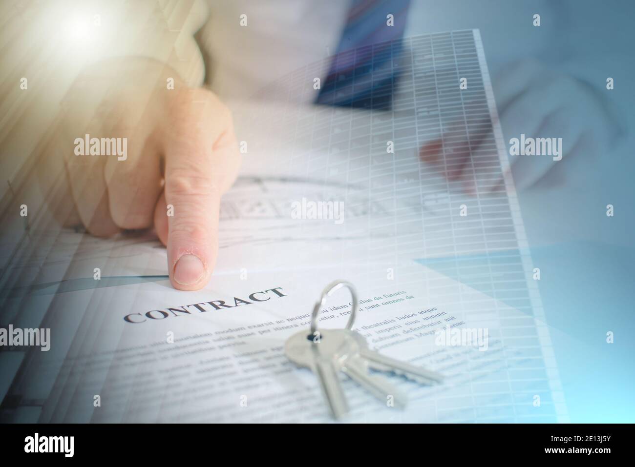 Estate agent showing a contract with his finger; multiple exposure ...