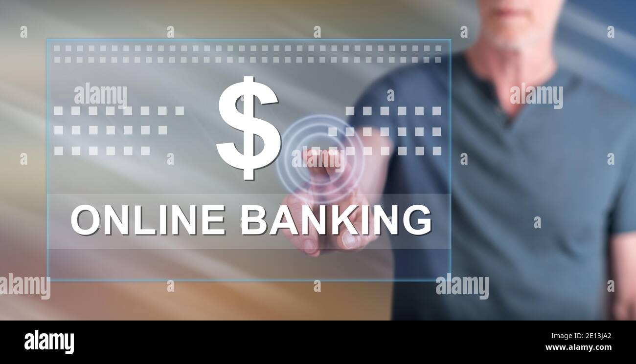 Man touching an online banking concept on a touch screen with his ...