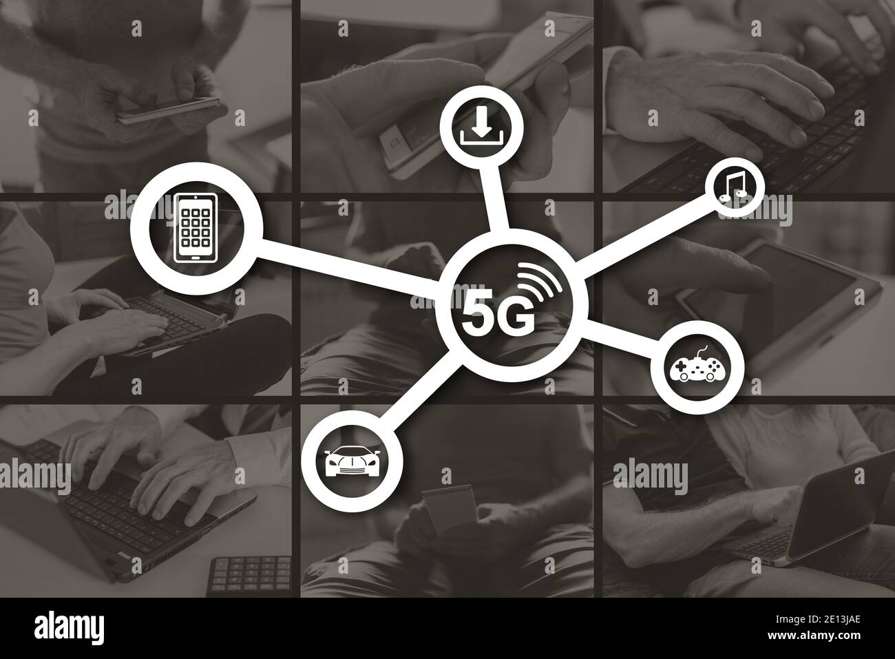 5g concept illustrated by pictures on background Stock Photo - Alamy