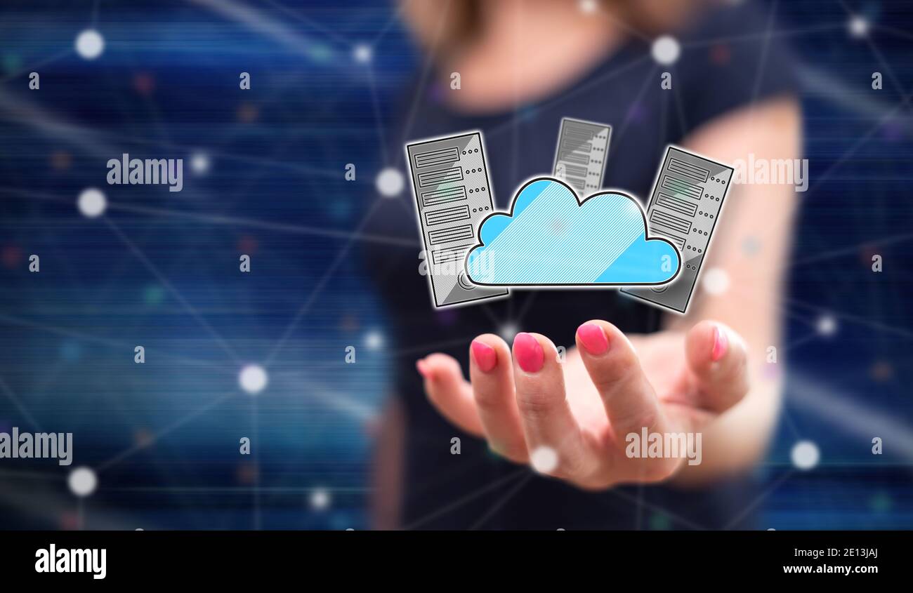 Data center concept above the hand of a woman in background Stock Photo ...
