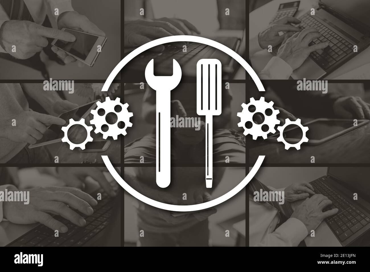 Maintenance service concept illustrated by pictures on background Stock ...