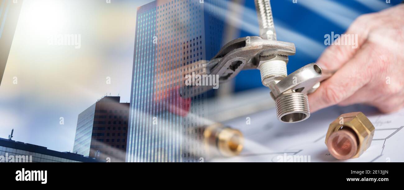 Plumber screwing a plumbing fitting on a pipe; multiple exposure Stock ...