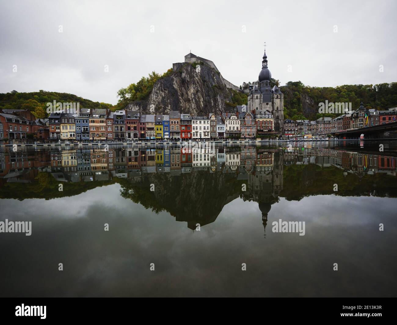 Panorama reflection of Dinant citadel old town historic village in ...