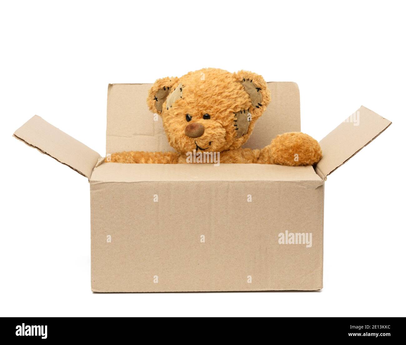 brown teddy bear sit in a large brown cardboard box, concept of moving ...