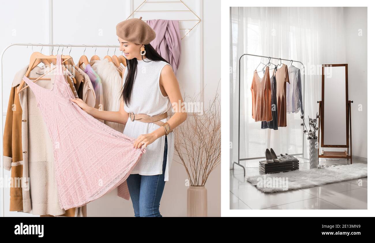 Collage of photos with young female clothes stylist at workplace Stock ...