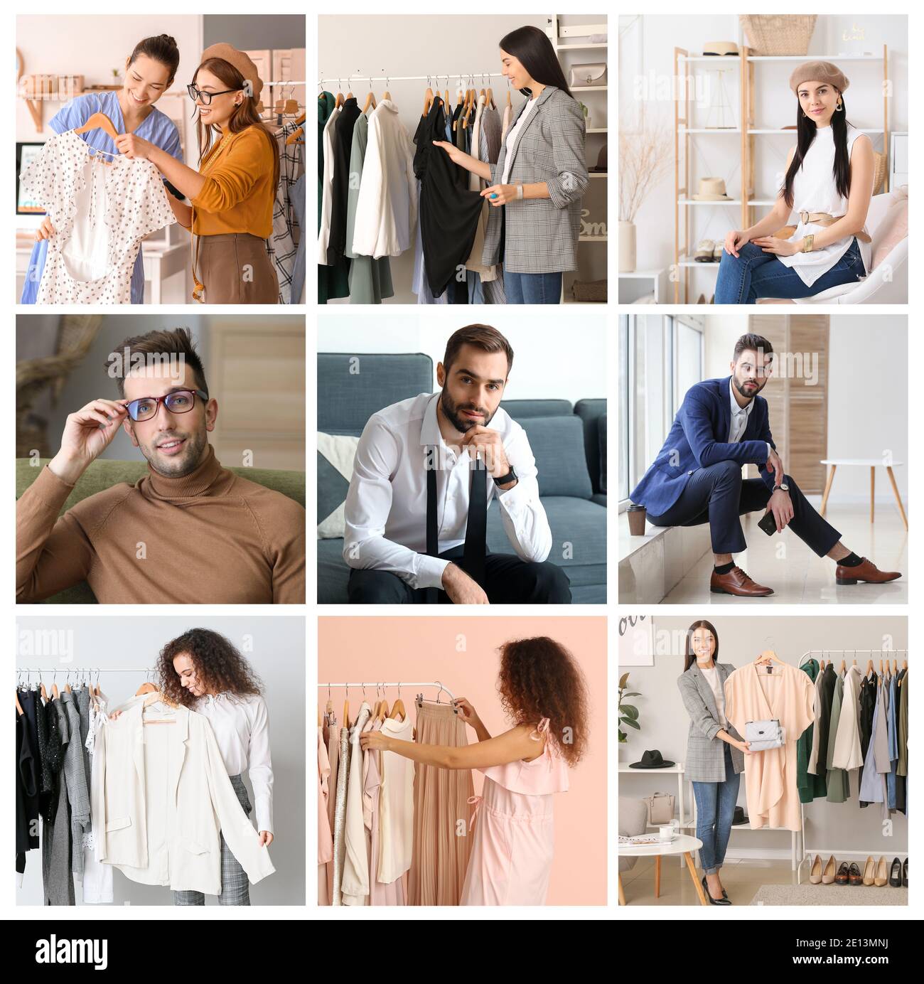 Collage of photos with different young clothes stylists at workplace ...