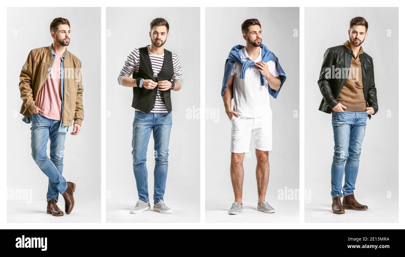 Collage of handsome stylish young man on light background Stock Photo ...