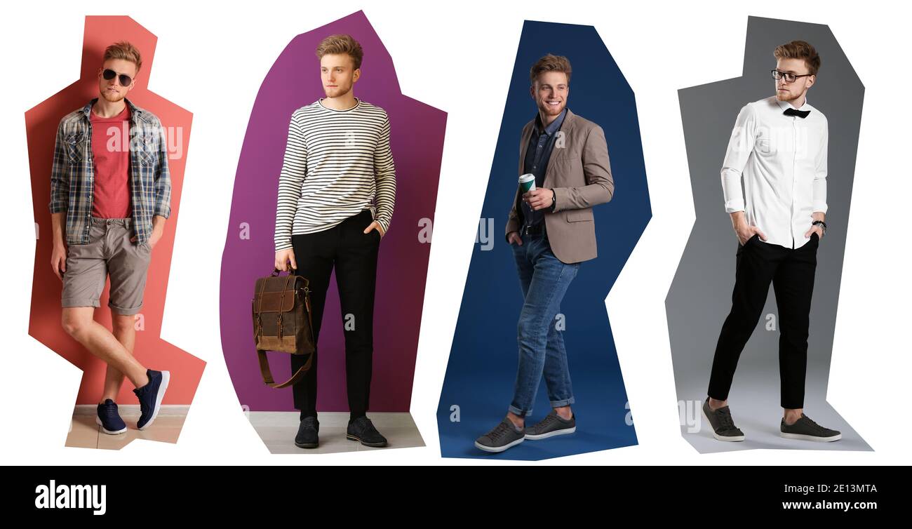 Collage of fashionable young man on white background Stock Photo - Alamy