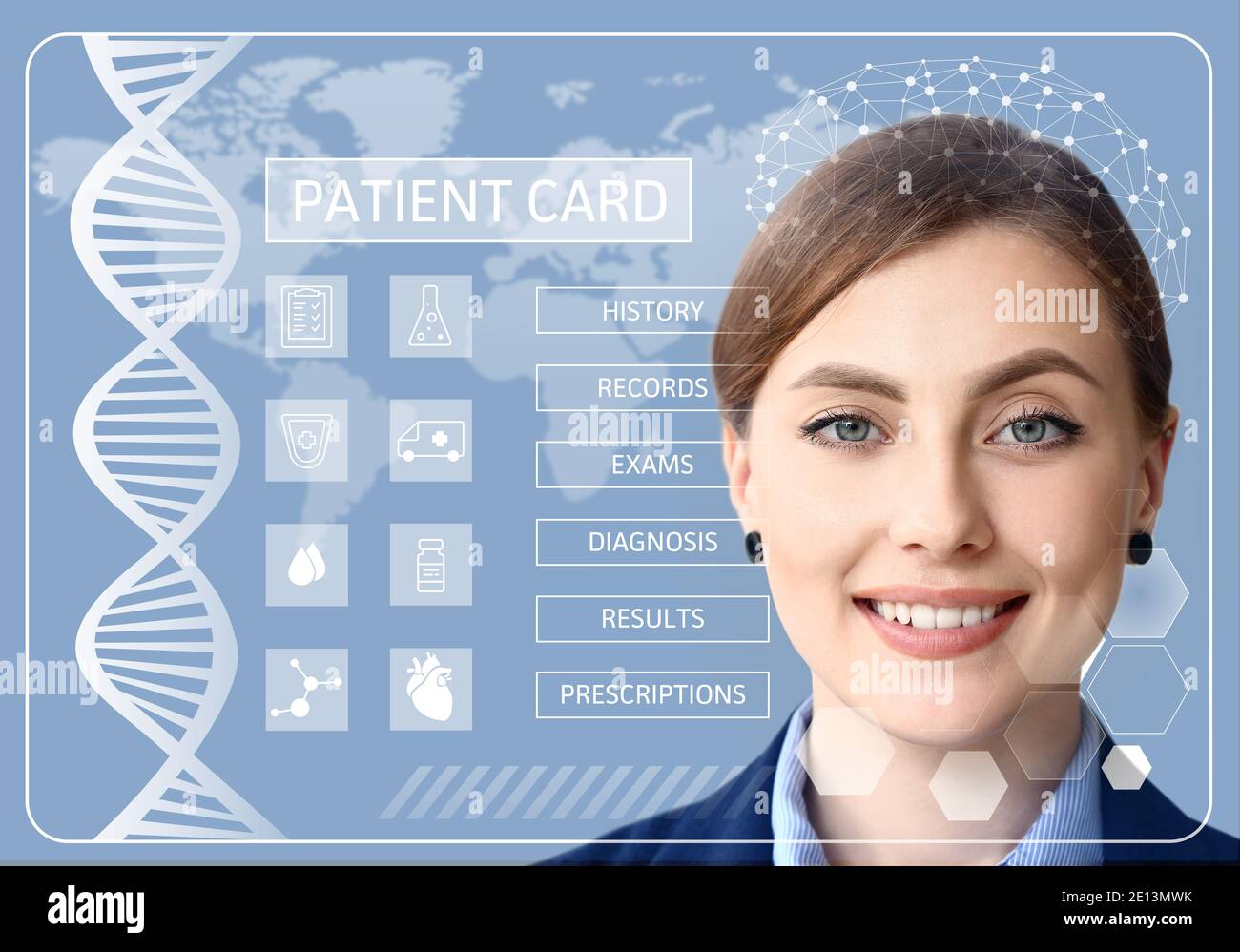 Young woman with electronic patient record on color background ...