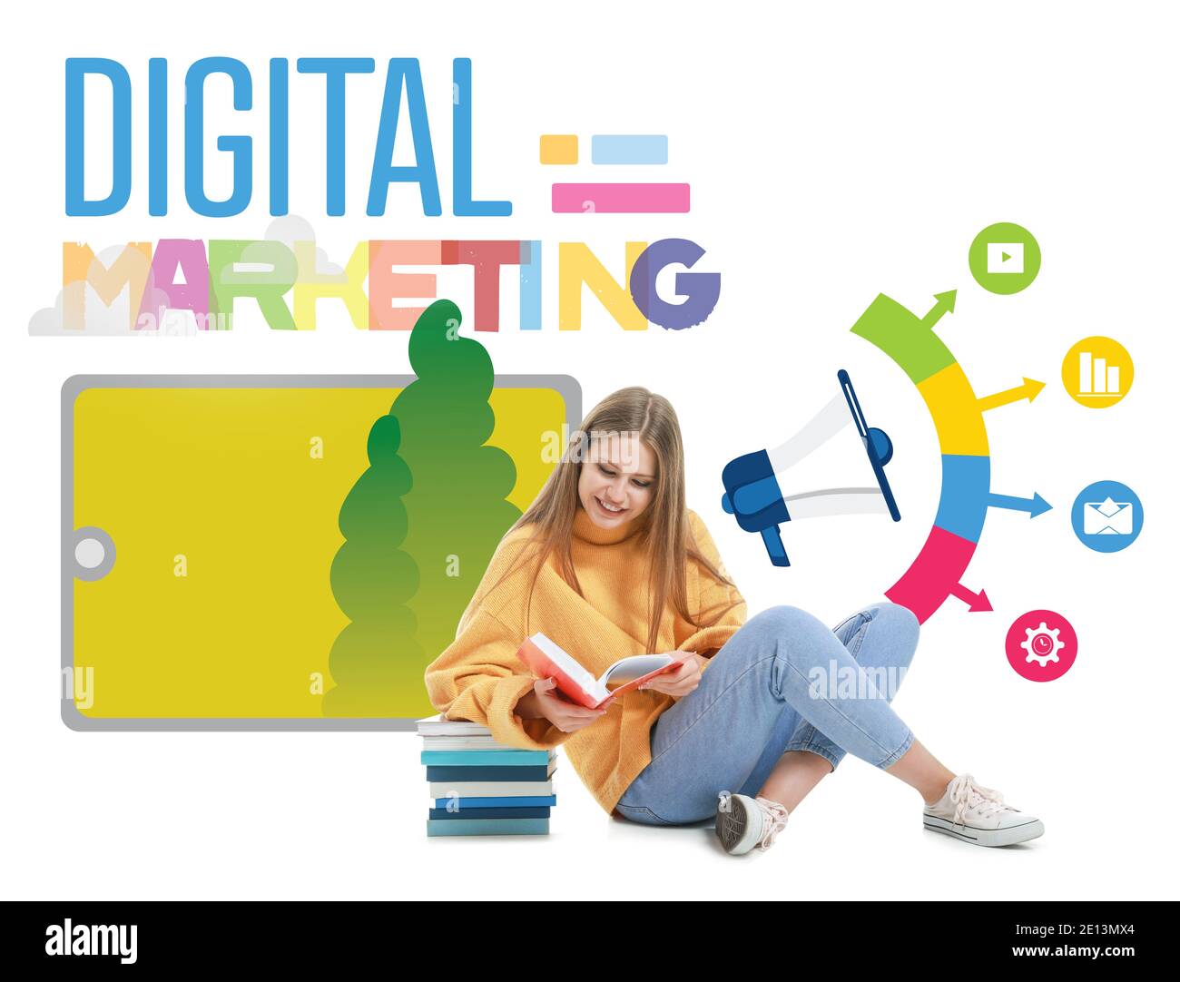 Collage of young woman with books on white background. Concept of ...