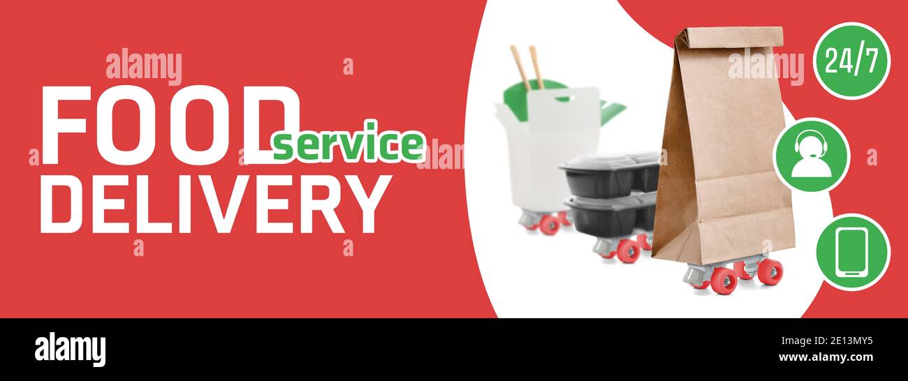 Containers with food for delivery on roller skates Stock Photo - Alamy