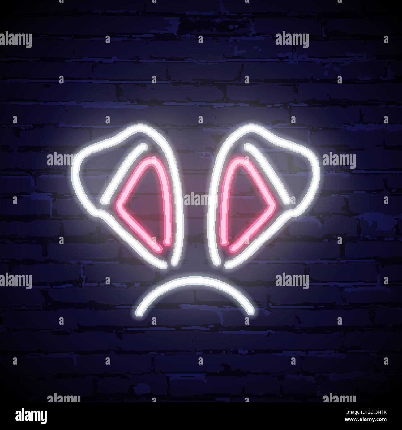 Pink and white neon rabbit ears isolated on dark brick background ...