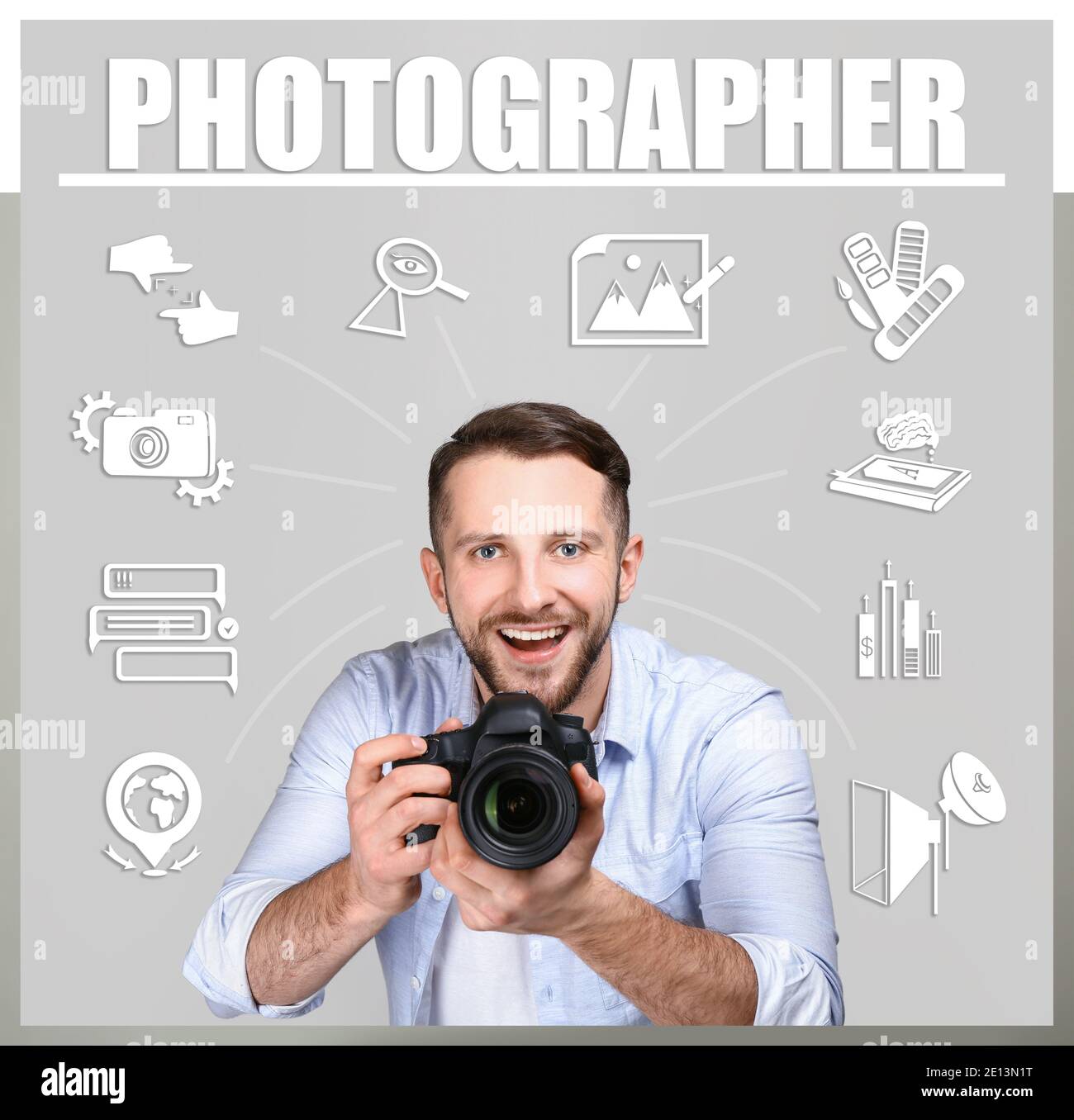 Young man with camera and key skills of photographer on grey background ...