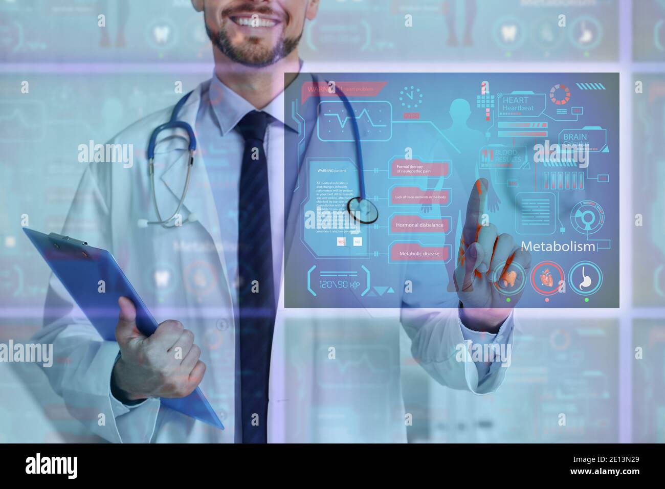 Male doctor using virtual screen in clinic Stock Photo - Alamy