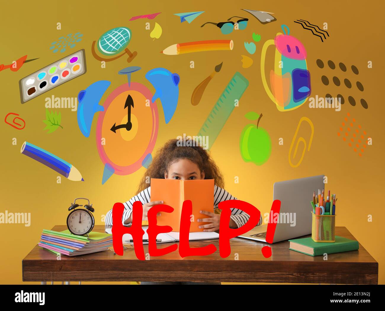 Stressed African-American girl doing homework and different drawn ...