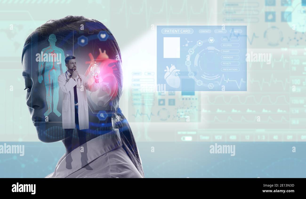 Multiple exposure of silhouette of woman, patient card and doctor using ...