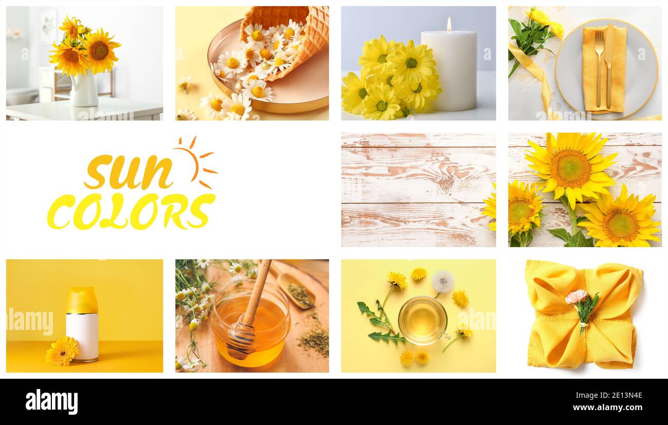 Beautiful collage of bright photos with text SUN COLORS Stock Photo - Alamy