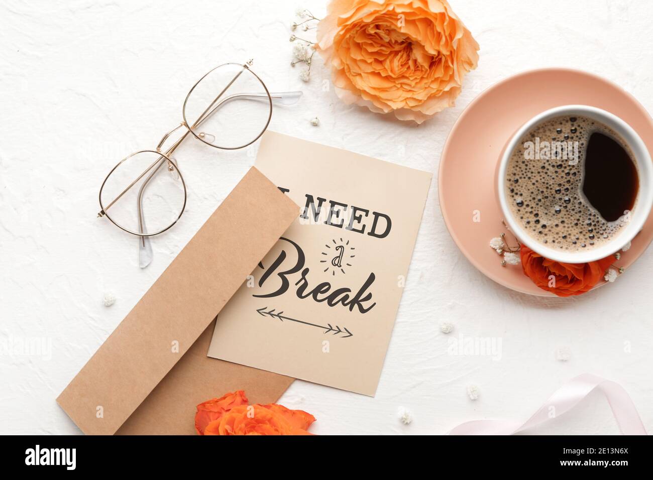 Card with text I NEED A BREAK, envelope and cup of coffee on white ...