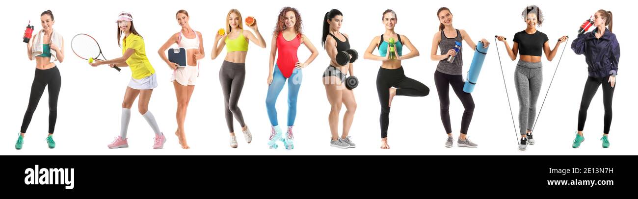 Collage of different sporty women on white background Stock Photo - Alamy