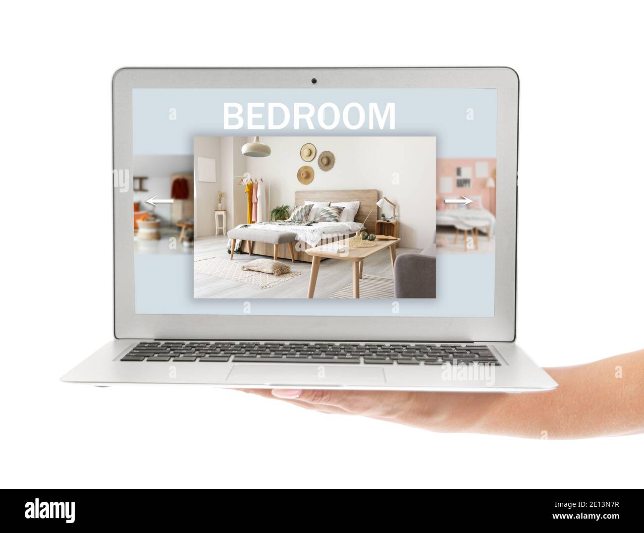Woman holding laptop with different stylish interiors of bedroom on ...