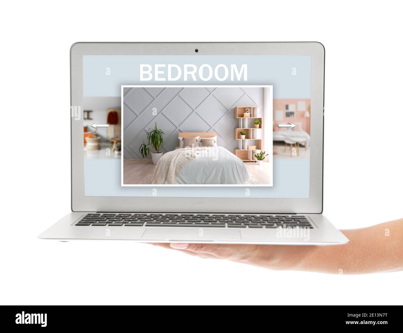 Woman holding laptop with different stylish interiors of bedroom on ...