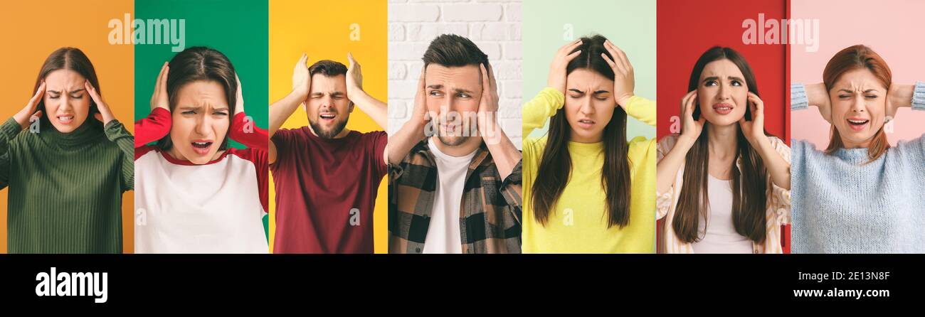 Collage of different people suffering from loud noise on color ...