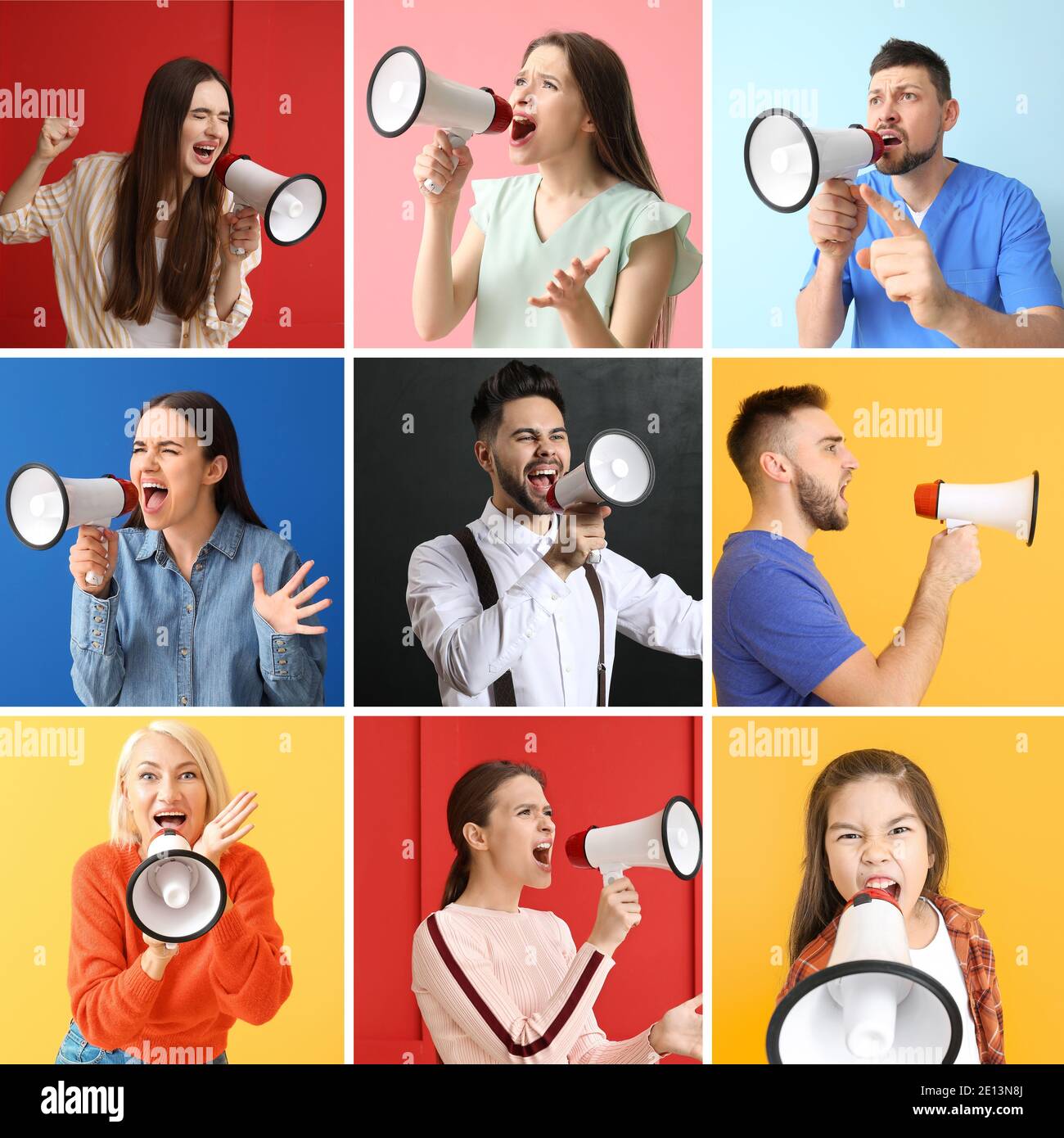 Collage of different screaming people with megaphone on color ...