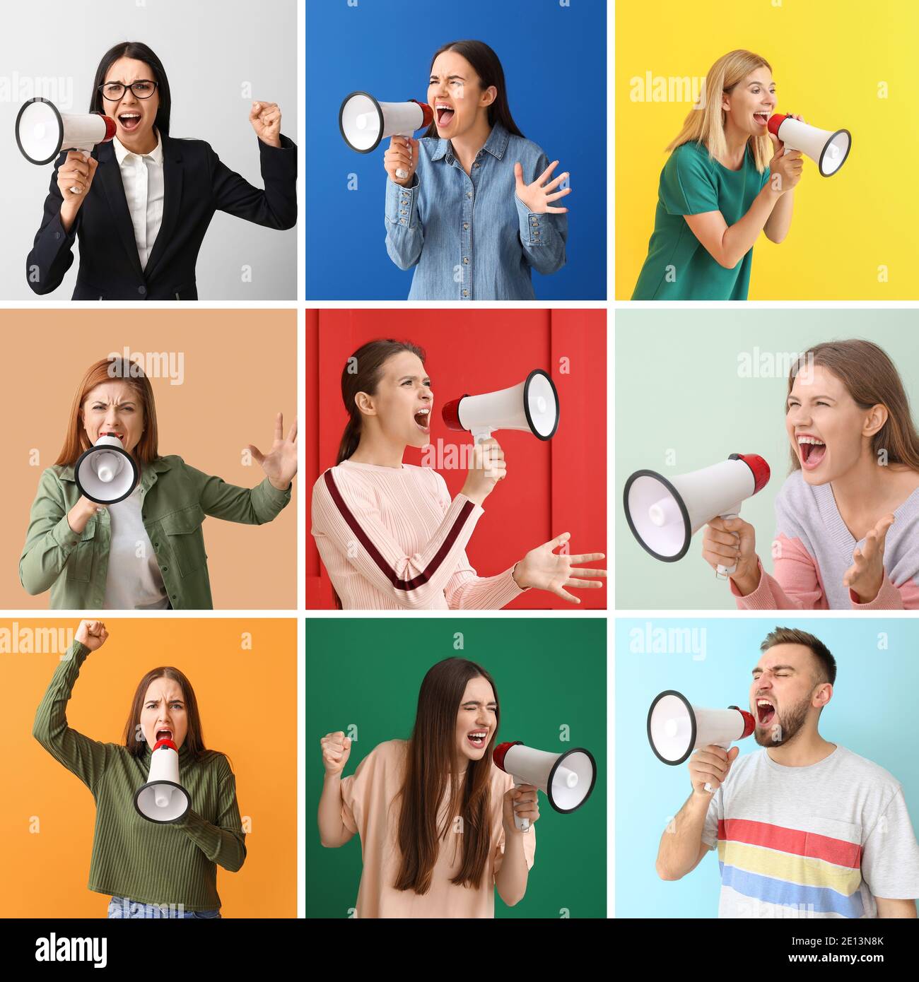Collage of different screaming people with megaphone on color ...