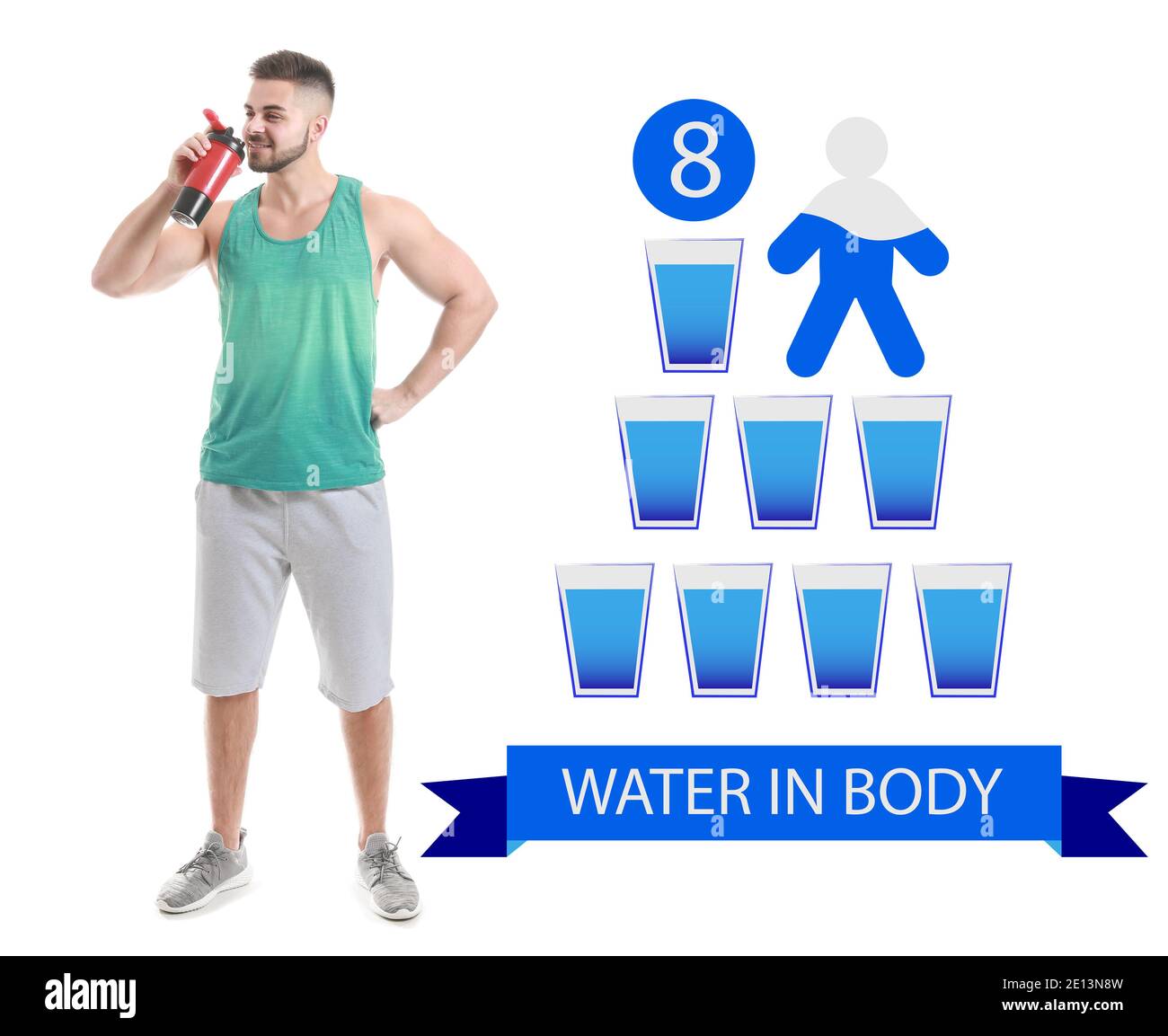 Sporty man and water requirements for adults on white background Stock ...