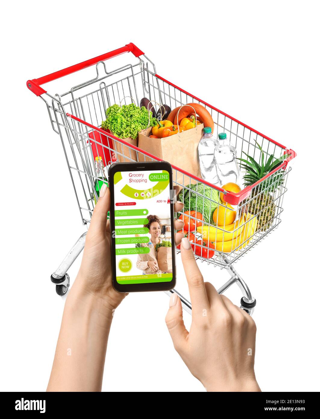 Woman holding mobile phone with open page of food delivery service and ...