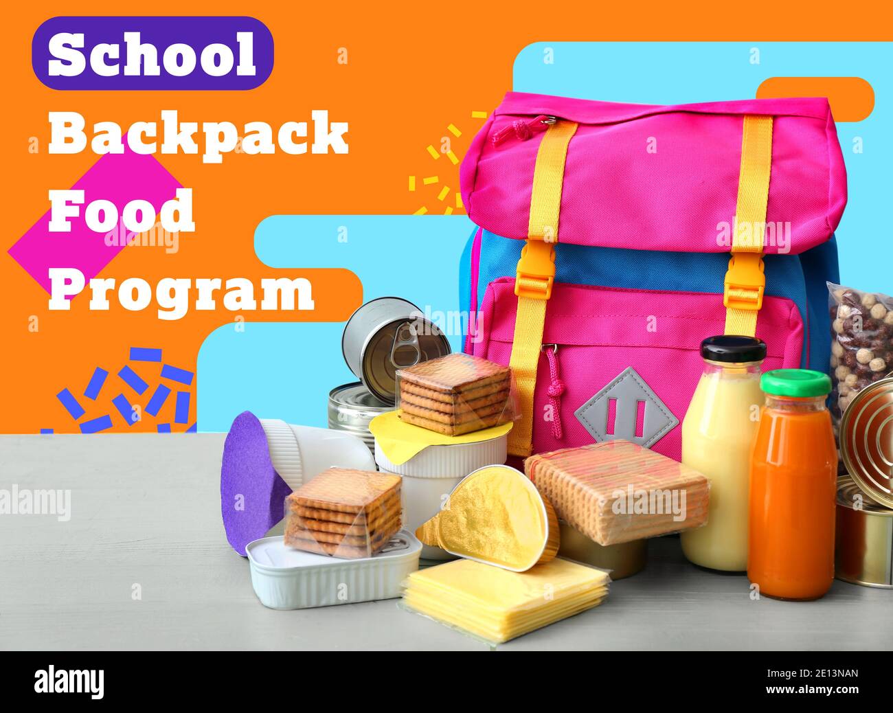 Schoolbag with different products on table. Concept of Backpack Food ...